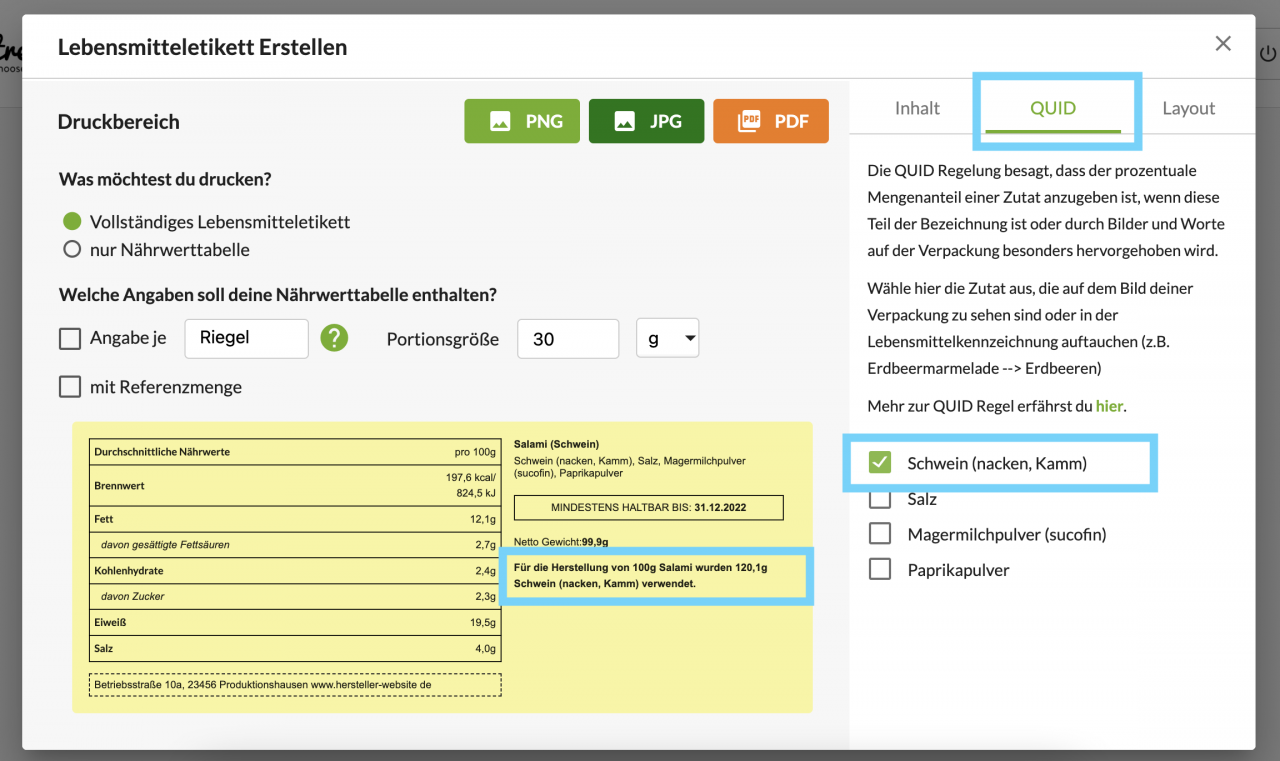 QUID Regelung > Rezeptrechner