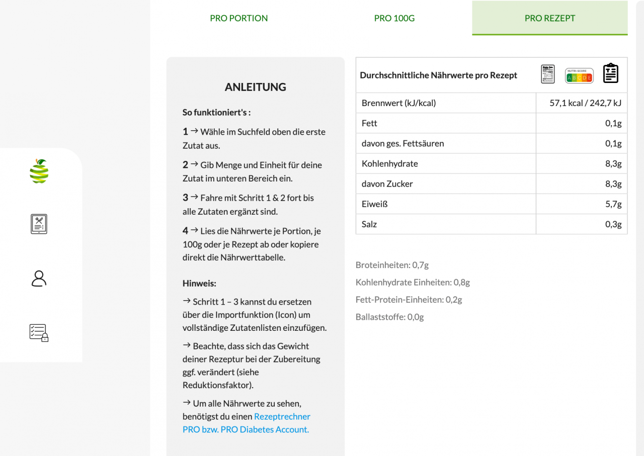 Inhaltsstoffe Tabelle für Lebensmittel