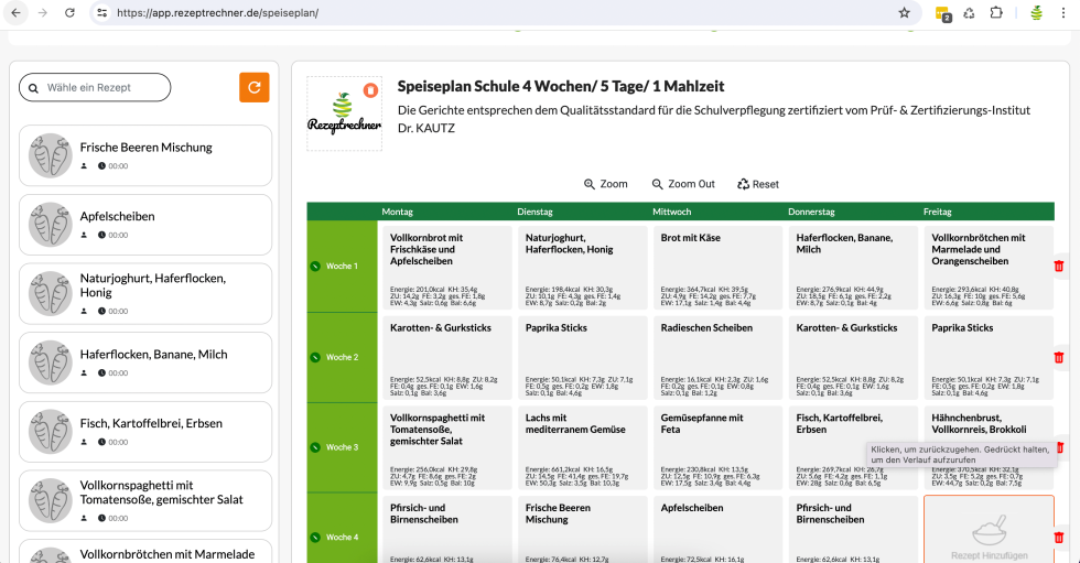 Speiseplan für Schule erstellen | Rezeptrechner Software